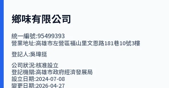 鄉味有限公司的照片-統編 95499393(高雄市) 公司登記資料與營業項目詳細圖表