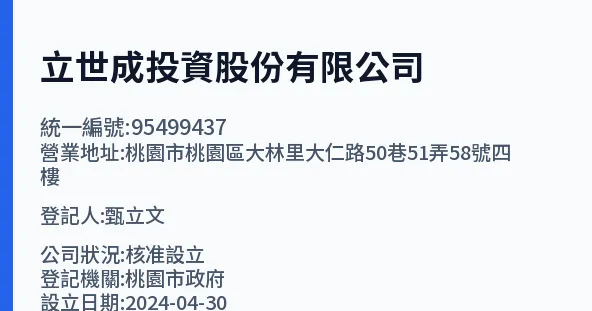 立世成投資股份有限公司的照片-統編 95499437(桃園市) 公司登記資料與營業項目詳細圖表