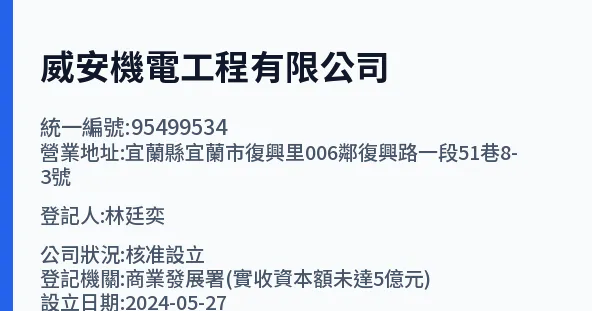 威安機電工程有限公司的照片-統編 95499534(宜蘭縣) 公司登記資料與營業項目詳細圖表