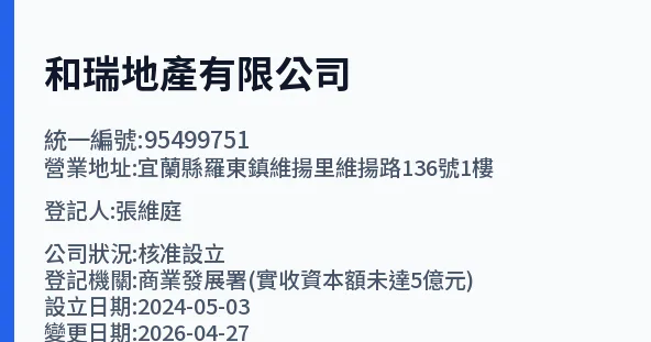 和瑞地產有限公司的照片-統編 95499751(宜蘭縣) 公司登記資料與營業項目詳細圖表