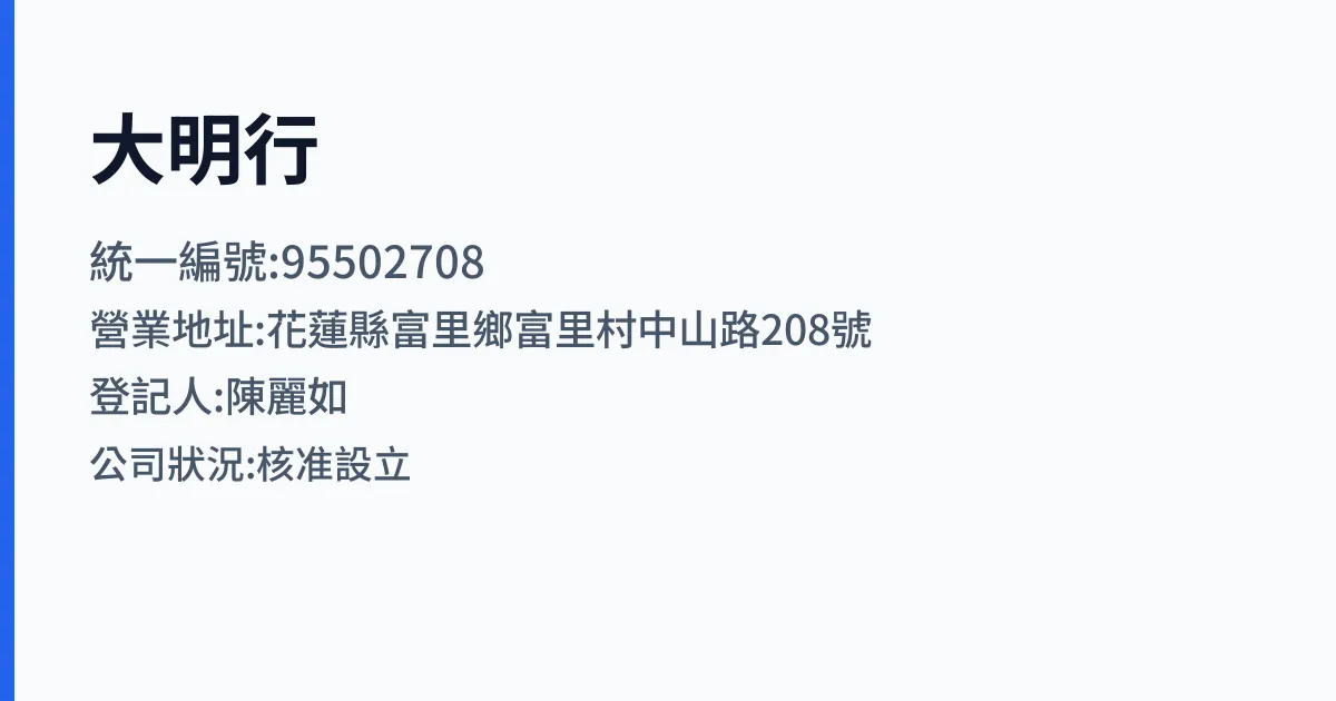 大明行 - 統編 95502708(花蓮縣) 公司登記資料與營業項目詳細圖表