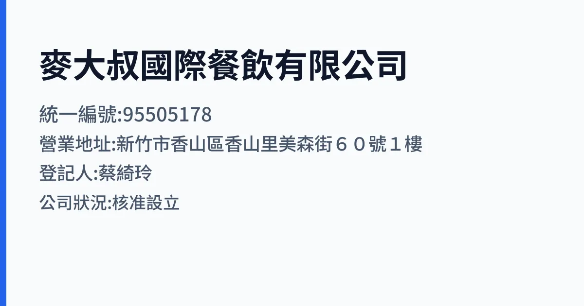 麥大叔國際餐飲有限公司 - 統編 95505178(新竹市) 公司登記資料與營業項目詳細圖表