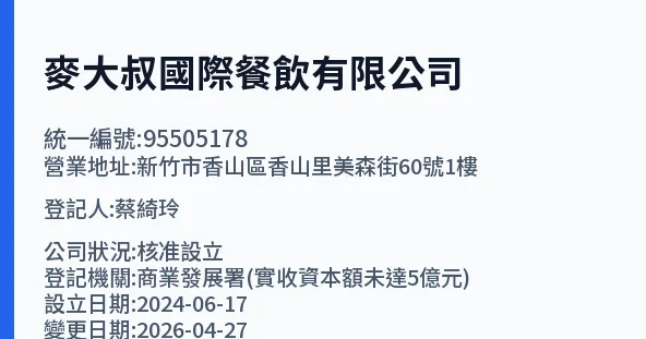 麥大叔國際餐飲有限公司的照片-統編 95505178(新竹市) 公司登記資料與營業項目詳細圖表