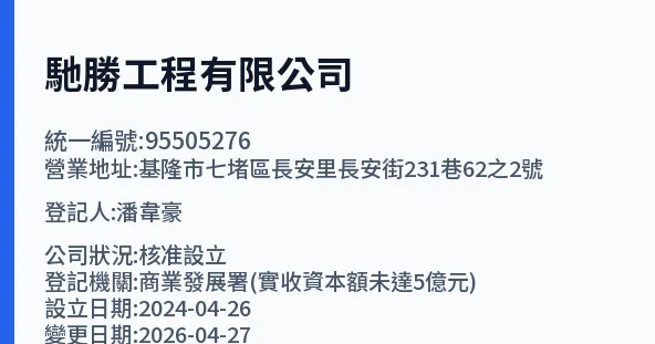 馳勝工程有限公司的照片-統編 95505276(基隆市) 公司登記資料與營業項目詳細圖表