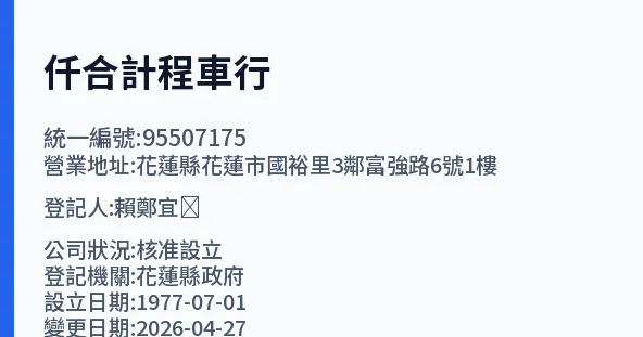 仟合計程車行的照片-統編 95507175(花蓮縣) 公司登記資料與營業項目詳細圖表