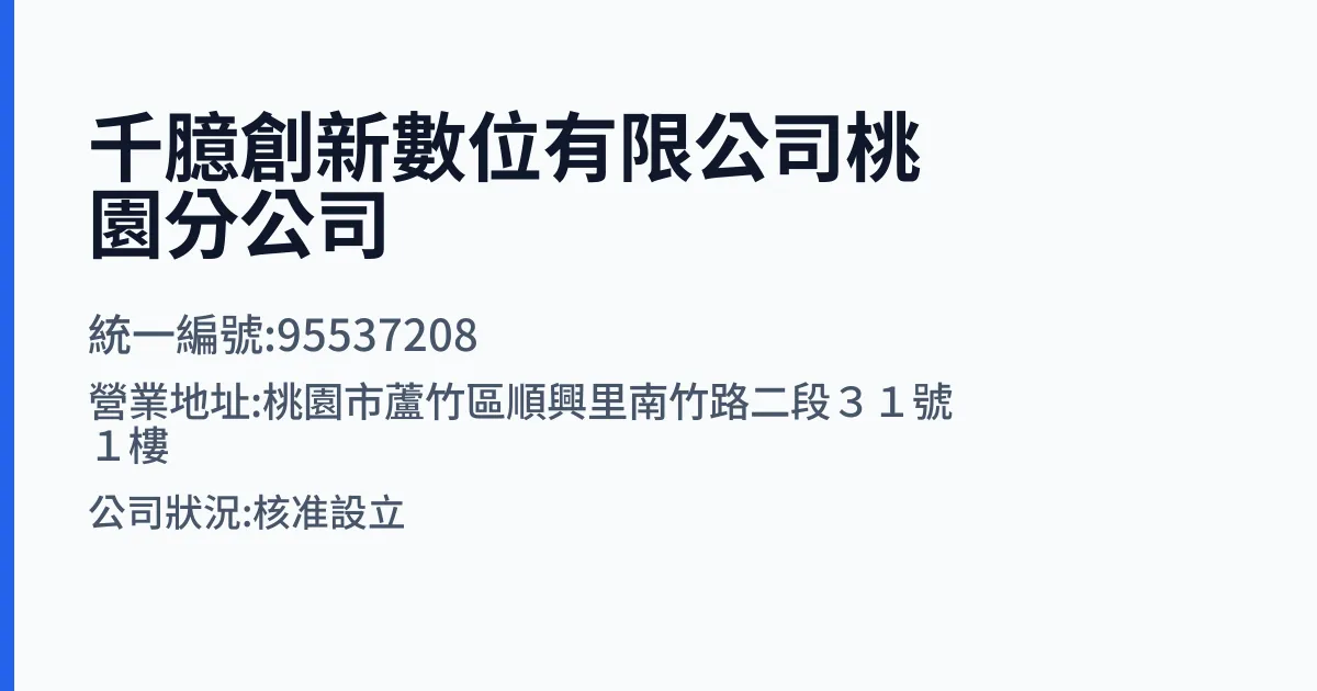 千臆創新數位有限公司桃園分公司 - 統編 95537208(桃園市) 公司登記資料與營業項目詳細圖表