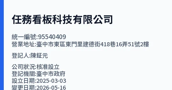 任務看板科技有限公司的照片-統編 95540409(臺中市) 公司登記資料與營業項目詳細圖表