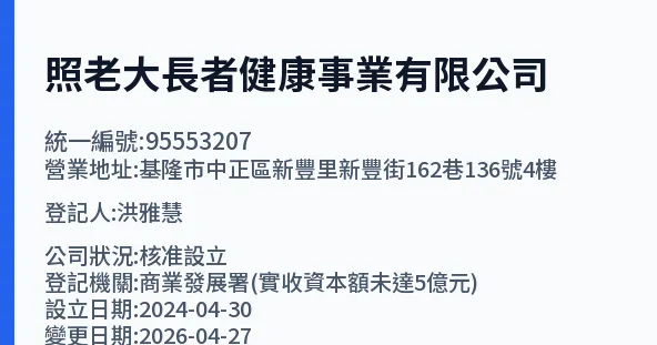 照老大長者健康事業有限公司的照片-統編 95553207(基隆市) 公司登記資料與營業項目詳細圖表