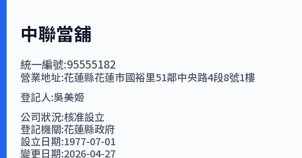 中聯當舖的照片-統編 95555182(花蓮縣) 公司登記資料與營業項目詳細圖表