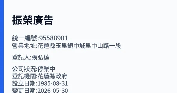 振榮廣告的照片-統編 95588901(花蓮縣) 公司登記資料與營業項目詳細圖表