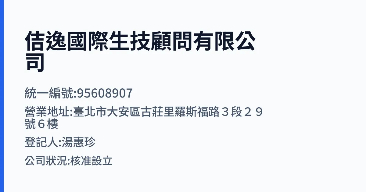 佶逸國際生技顧問有限公司 - 統編 95608907(臺北市) 公司登記資料與營業項目詳細圖表