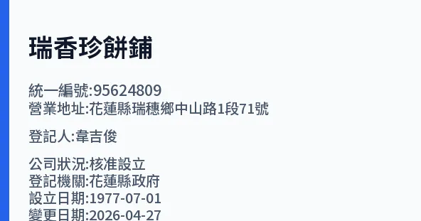 瑞香珍餅鋪的照片-統編 95624809(花蓮縣) 公司登記資料與營業項目詳細圖表