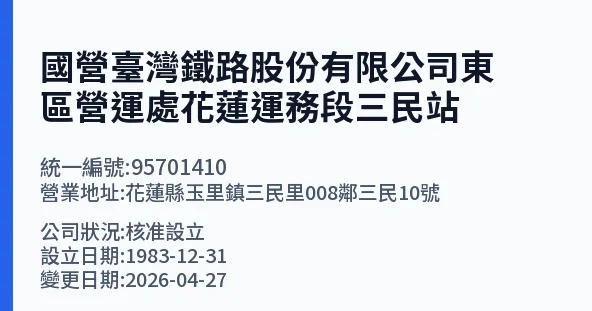 國營臺灣鐵路股份有限公司東區營運處花蓮運務段三民站的照片-統編 95701410(花蓮縣) 公司登記資料與營業項目詳細圖表