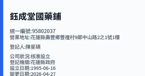鈺成堂國藥鋪的照片-統編 95802037(花蓮縣) 公司登記資料與營業項目詳細圖表
