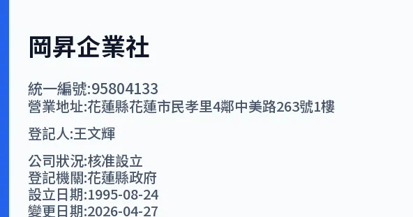 岡昇企業社的照片-統編 95804133(花蓮縣) 公司登記資料與營業項目詳細圖表