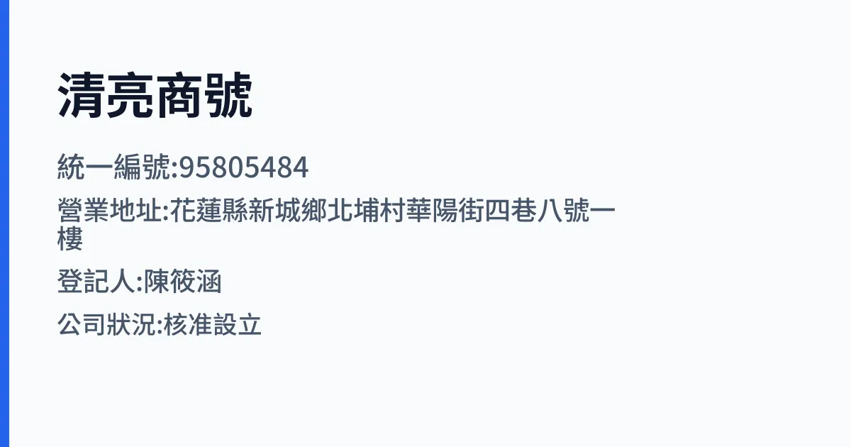 清亮商號 - 統編 95805484(花蓮縣) 公司登記資料與營業項目詳細圖表