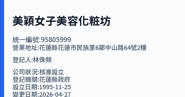 美穎女子美容化粧坊的照片-統編 95805999(花蓮縣) 公司登記資料與營業項目詳細圖表