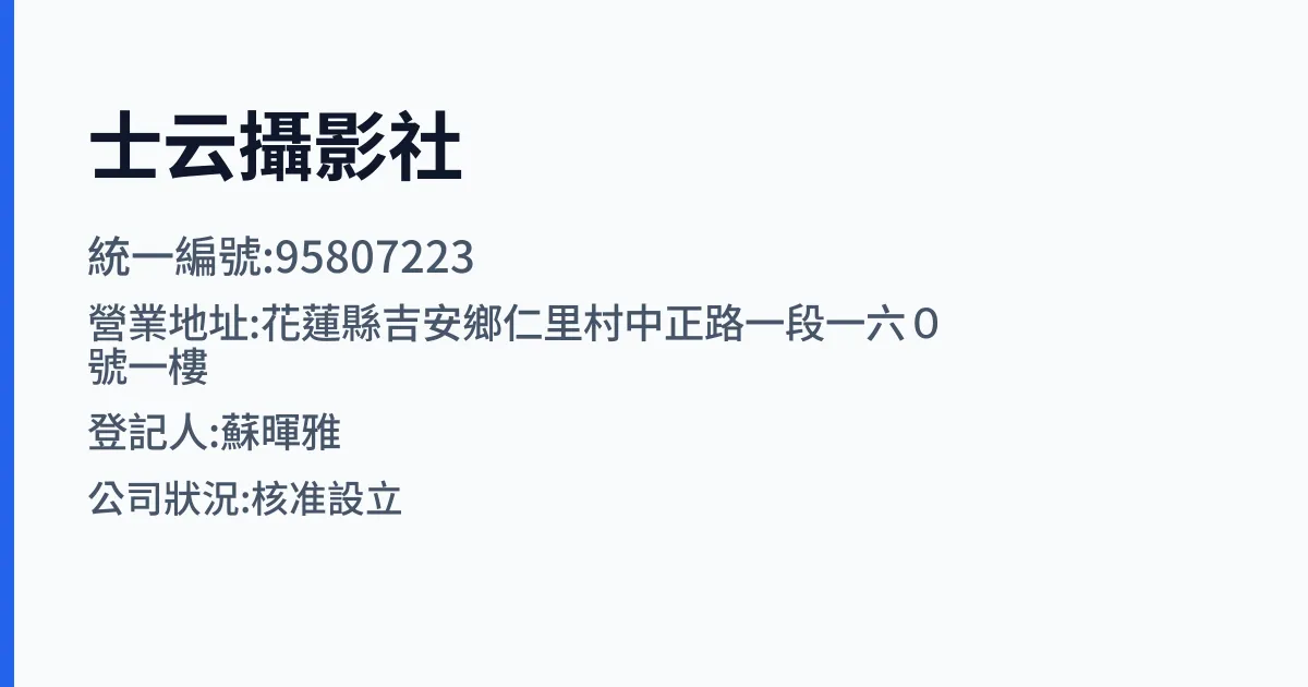 士云攝影社 - 統編 95807223(花蓮縣) 公司登記資料與營業項目詳細圖表