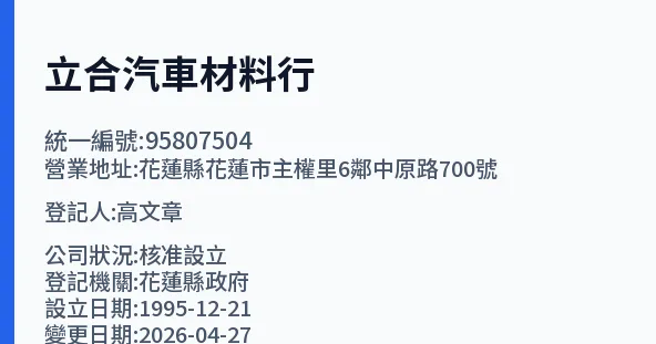 立合汽車材料行的照片-統編 95807504(花蓮縣) 公司登記資料與營業項目詳細圖表