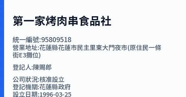 第一家烤肉串食品社的照片-統編 95809518(花蓮縣) 公司登記資料與營業項目詳細圖表