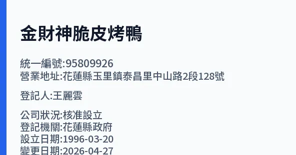 金財神脆皮烤鴨的照片-統編 95809926(花蓮縣) 公司登記資料與營業項目詳細圖表