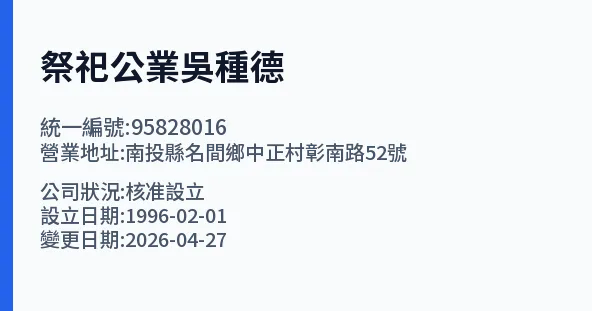 祭祀公業吳種德的照片-統編 95828016(南投縣) 公司登記資料與營業項目詳細圖表