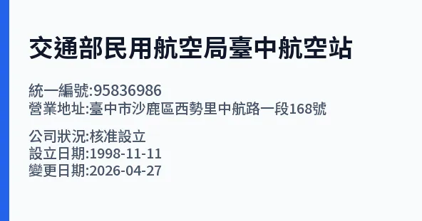 交通部民用航空局臺中航空站的照片-統編 95836986(臺中市) 公司登記資料與營業項目詳細圖表