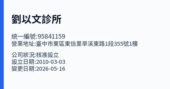 劉以文診所的照片-統編 95841159(臺中市) 公司登記資料與營業項目詳細圖表