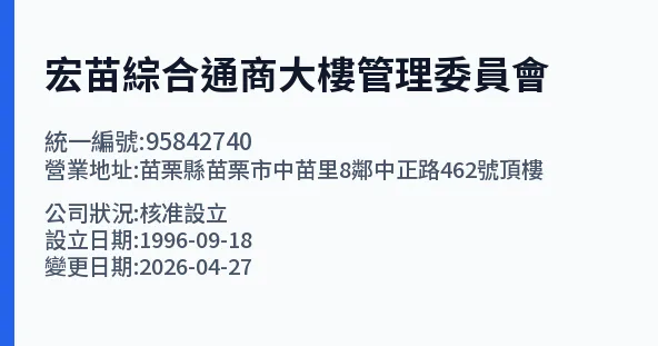 宏苗綜合通商大樓管理委員會的照片-統編 95842740(苗栗縣) 公司登記資料與營業項目詳細圖表