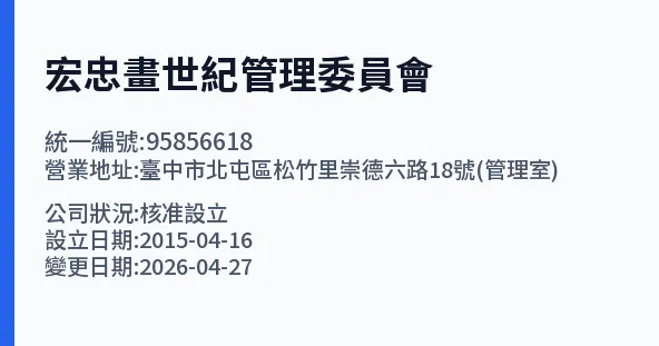 宏忠畫世紀管理委員會的照片-統編 95856618(臺中市) 公司登記資料與營業項目詳細圖表
