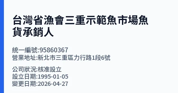 台灣省漁會三重示範魚市場魚貨承銷人的照片-統編 95860367(新北市) 公司登記資料與營業項目詳細圖表