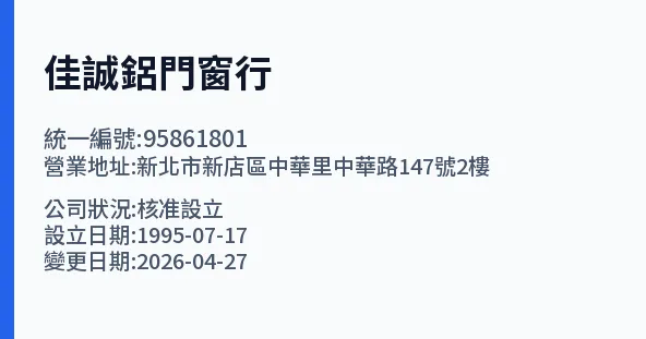 佳誠鋁門窗行的照片-統編 95861801(新北市) 公司登記資料與營業項目詳細圖表