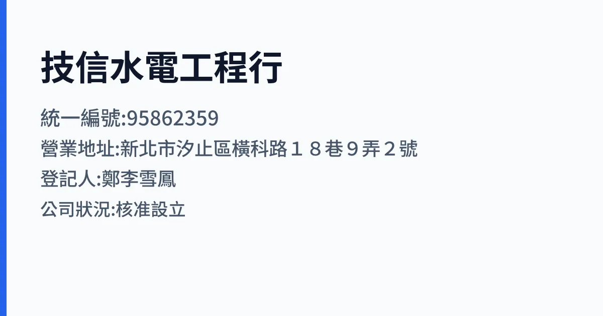 技信水電工程行 - 統編 95862359(新北市) 公司登記資料與營業項目詳細圖表