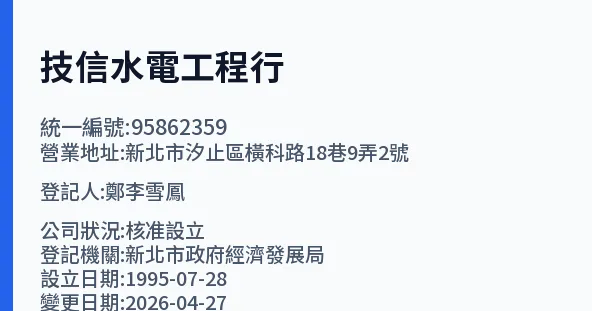 技信水電工程行的照片-統編 95862359(新北市) 公司登記資料與營業項目詳細圖表