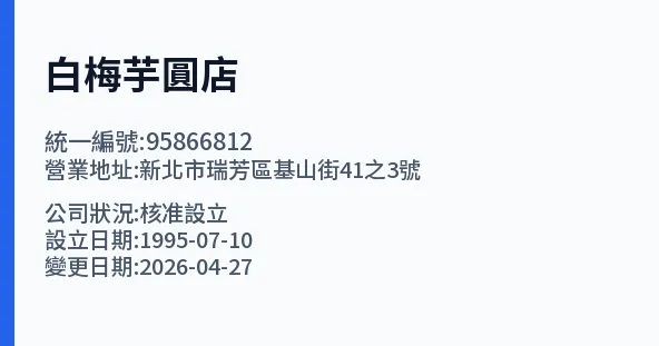 白梅芋圓店的照片-統編 95866812(新北市) 公司登記資料與營業項目詳細圖表