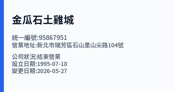 金瓜石土雞城的照片-統編 95867951(新北市) 公司登記資料與營業項目詳細圖表