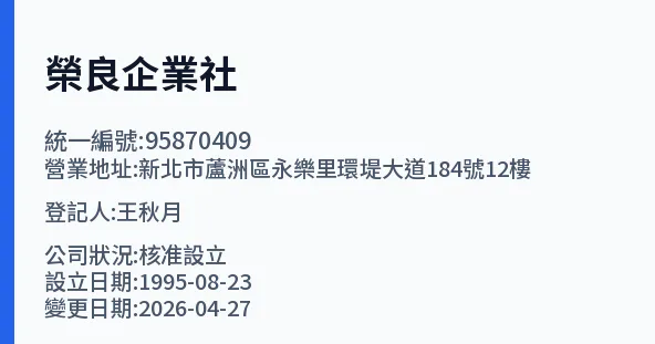 榮良企業社的照片-統編 95870409(新北市) 公司登記資料與營業項目詳細圖表