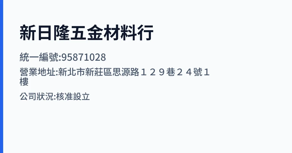 新日隆五金材料行 - 統編 95871028(新北市) 公司登記資料與營業項目詳細圖表