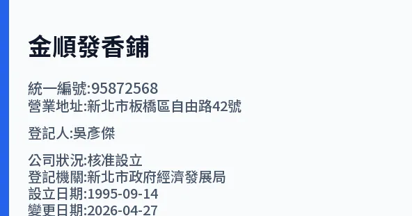 金順發香鋪的照片-統編 95872568(新北市) 公司登記資料與營業項目詳細圖表