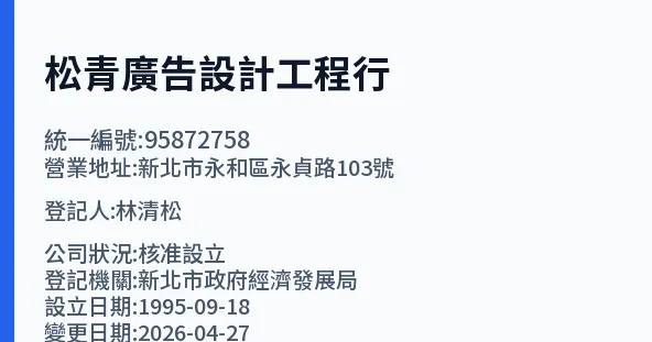 松青廣告設計工程行的照片-統編 95872758(新北市) 公司登記資料與營業項目詳細圖表