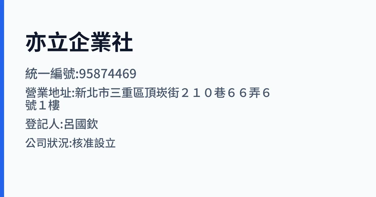 亦立企業社 - 統編 95874469(新北市) 公司登記資料與營業項目詳細圖表