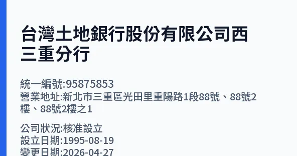 台灣土地銀行股份有限公司西三重分行的照片-統編 95875853(新北市) 公司登記資料與營業項目詳細圖表