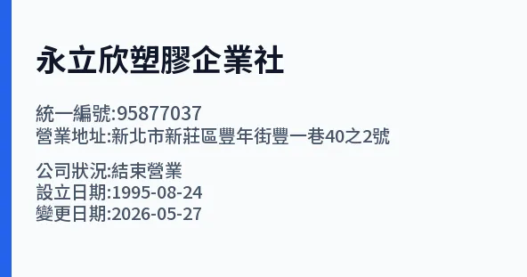 永立欣塑膠企業社的照片-統編 95877037(新北市) 公司登記資料與營業項目詳細圖表