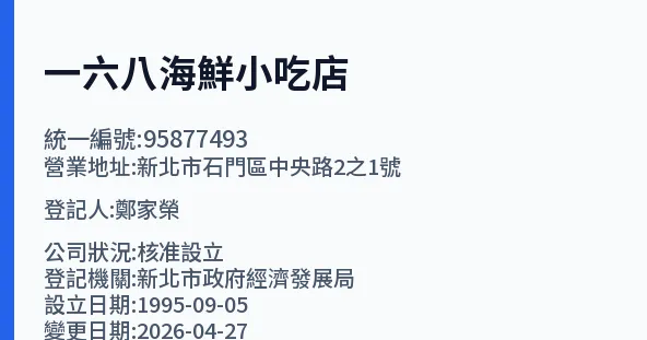 一六八海鮮小吃店的照片-統編 95877493(新北市) 公司登記資料與營業項目詳細圖表