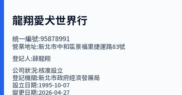龍翔愛犬世界行的照片-統編 95878991(新北市) 公司登記資料與營業項目詳細圖表