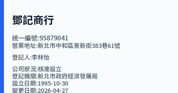 鄧記商行的照片-統編 95879041(新北市) 公司登記資料與營業項目詳細圖表