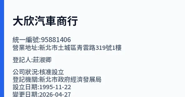 大欣汽車商行的照片-統編 95881406(新北市) 公司登記資料與營業項目詳細圖表