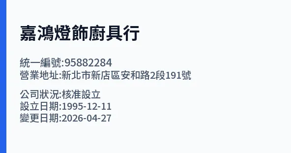 嘉鴻燈飾廚具行的照片-統編 95882284(新北市) 公司登記資料與營業項目詳細圖表