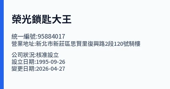 榮光鎖匙大王的照片-統編 95884017(新北市) 公司登記資料與營業項目詳細圖表