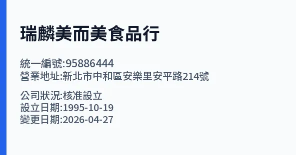 瑞麟美而美食品行的照片-統編 95886444(新北市) 公司登記資料與營業項目詳細圖表